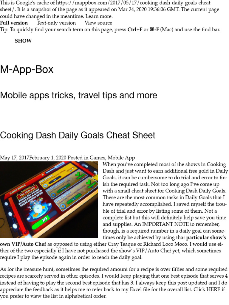 Cooking Dash Daily Goals Cheat Sheet Â M-App-Box | PDF | Sushi ...