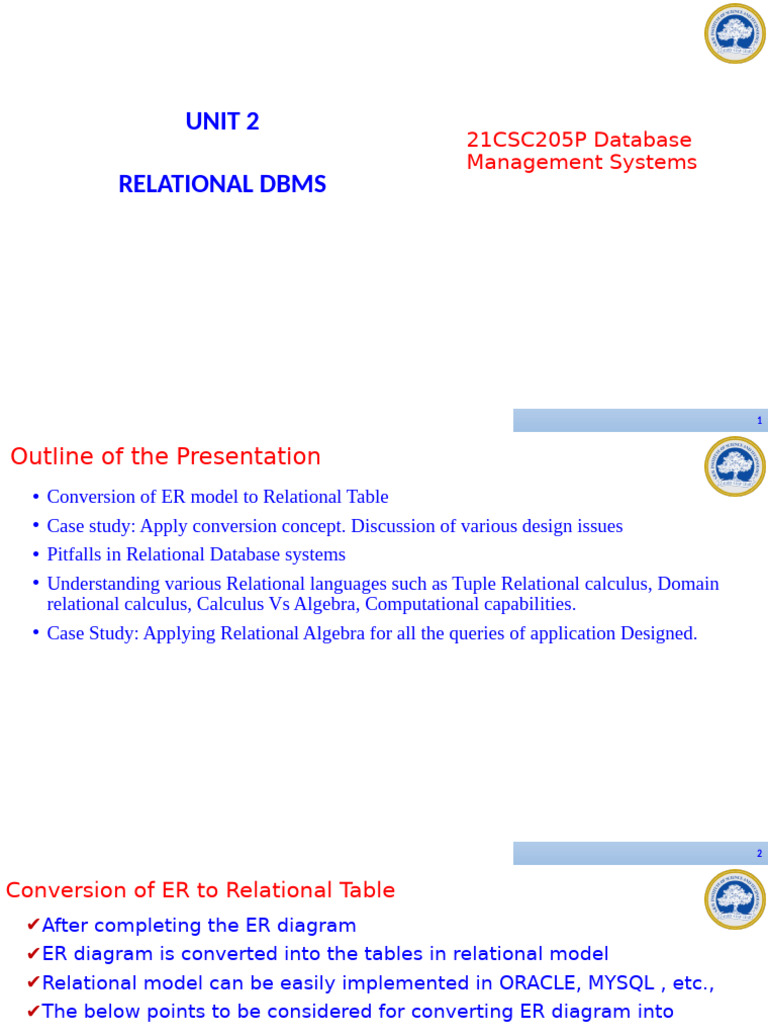 21csc205p Dbms Unit II | PDF | Relational Model | Databases