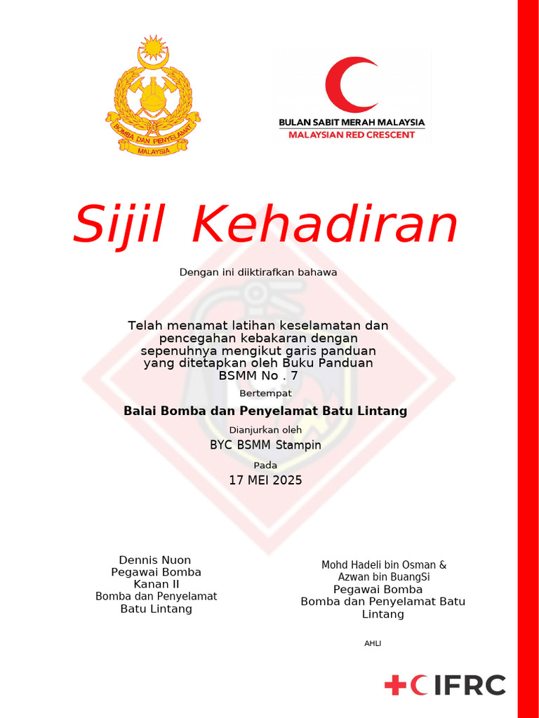 Sijil Latihan Kebakaran Batu Lintang | PDF
