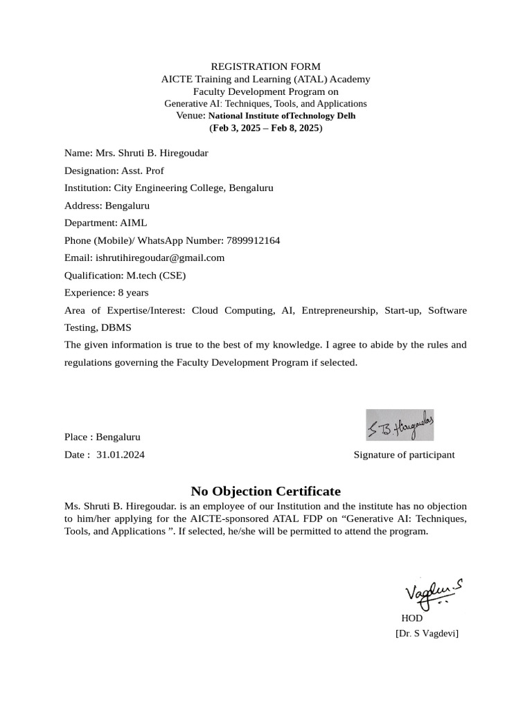 ATAL FDP Registration: Shruti Hiregoudar | PDF
