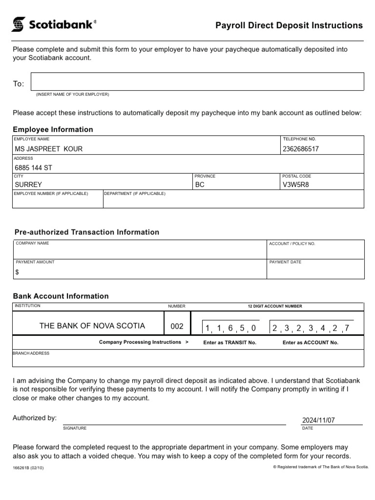 Scotiabank Payroll Direct Deposit Form | PDF | Paycheck | Banks