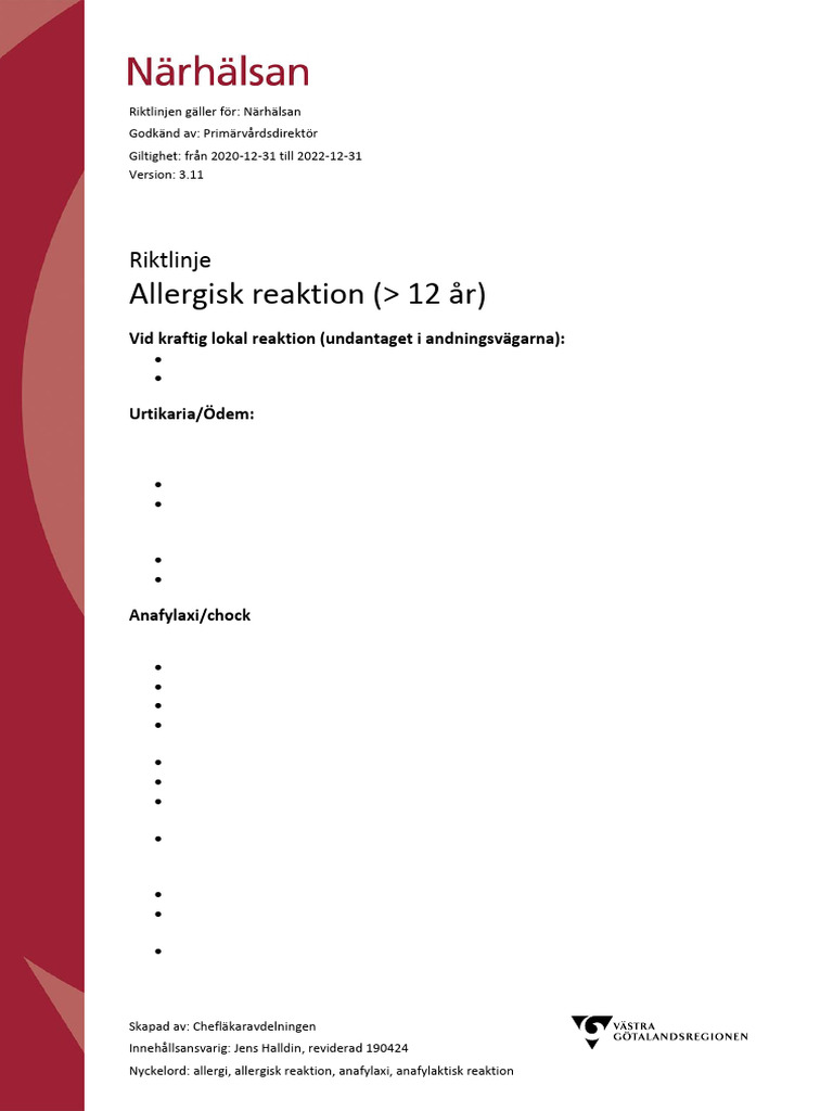 Riktlinje Allergisk Reaktion Vuxna | PDF