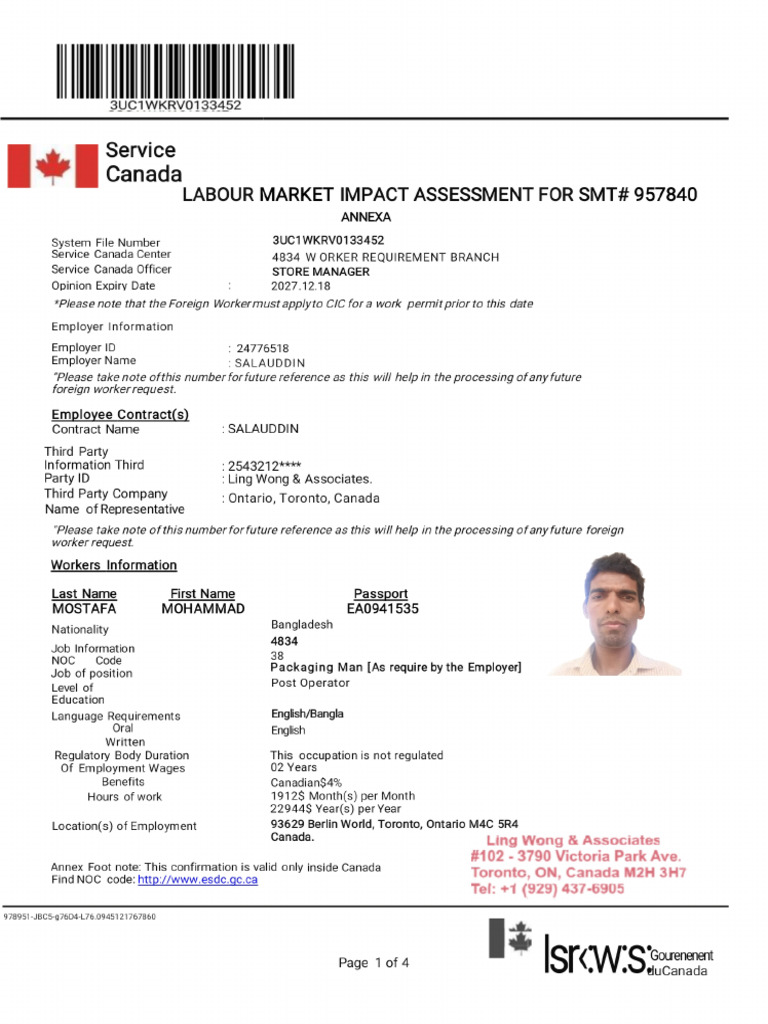 Mostafa LMIA Approved | PDF