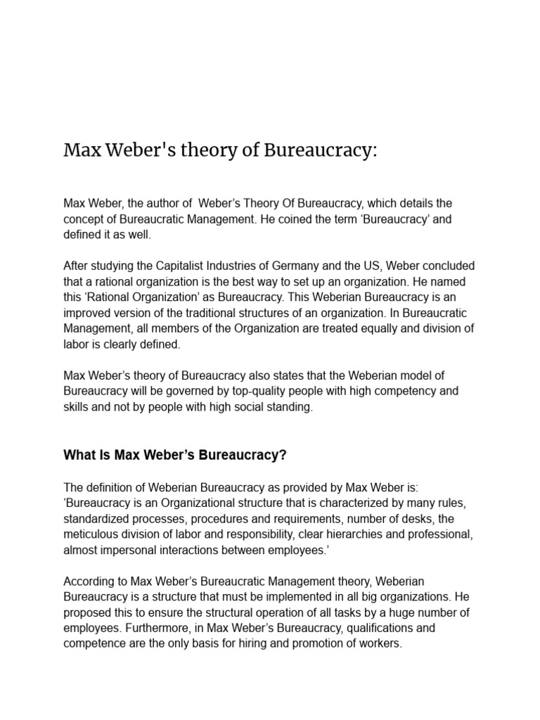 Max Weber Theory of Bureaucracy | PDF