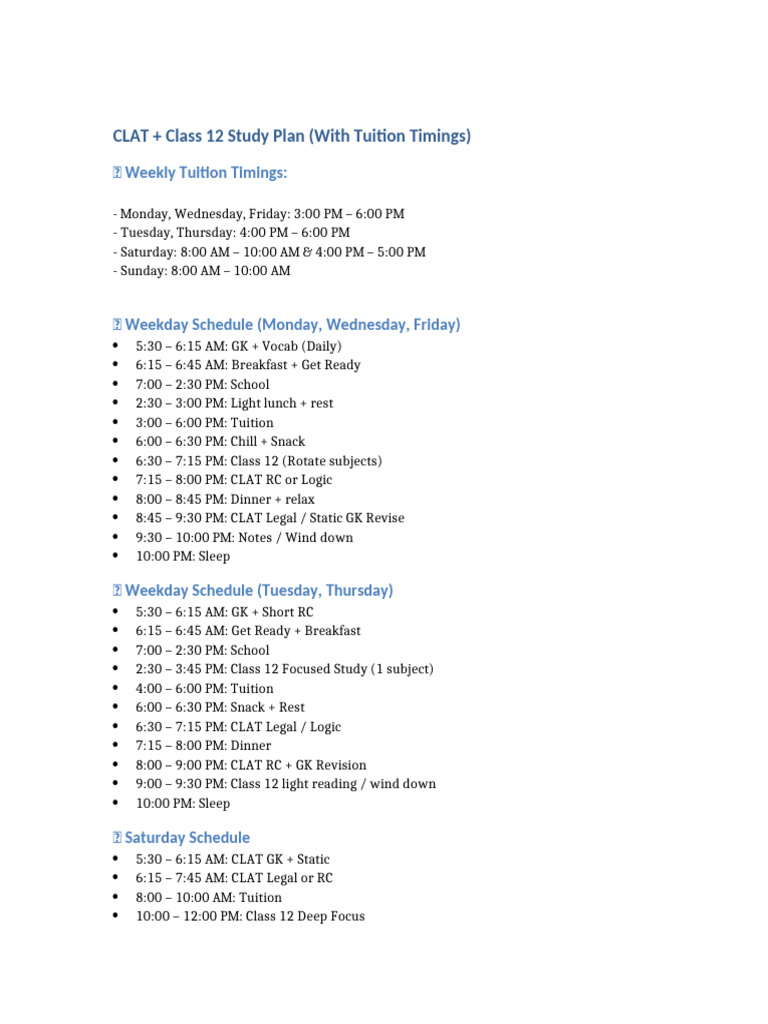 CLAT & Class12 Timetable (How To Manage Both Together?) | PDF