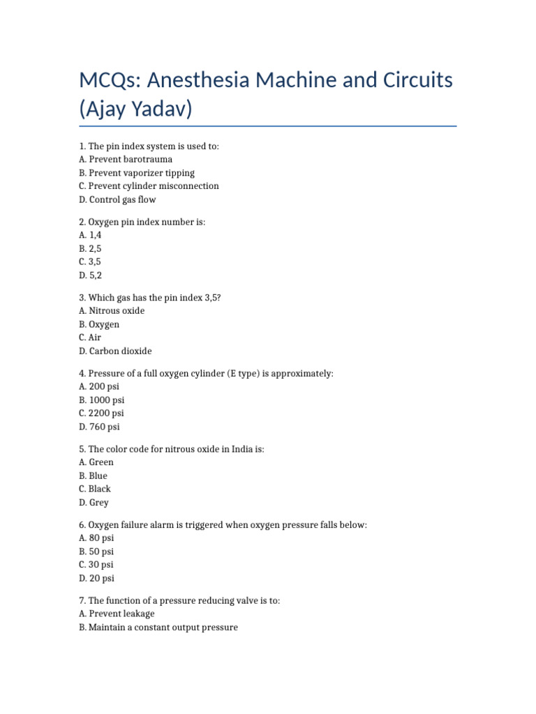 Anesthesia Machine and Circuits MCQs | PDF | Equipment | Gases