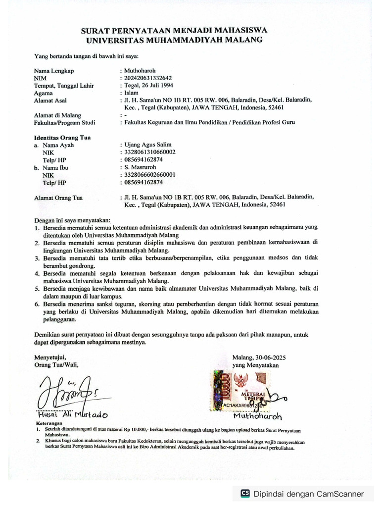 Surat Pernyataan Menjadi Mahasiswa UMM | PDF