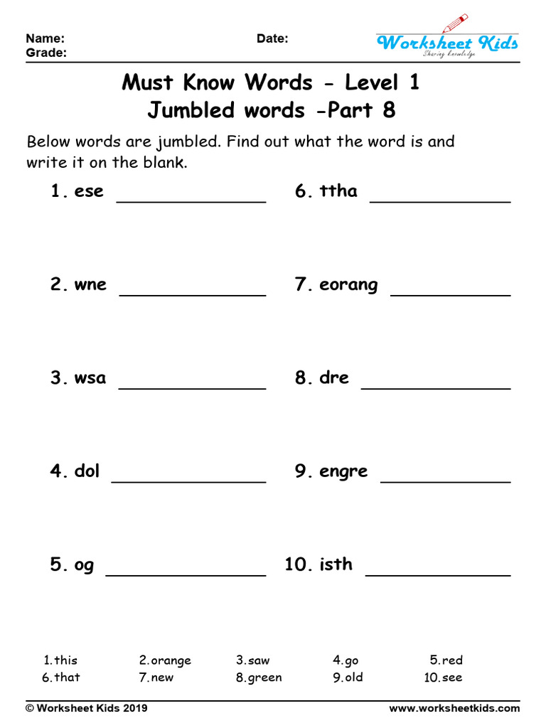 Jumbled Words Grade 1 8 | PDF