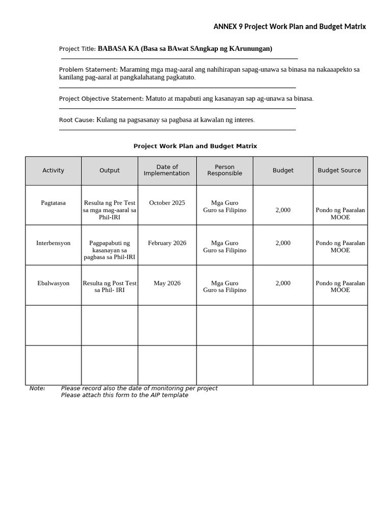 ANNEX 9 Project Work Plan and Budget Matrix | PDF