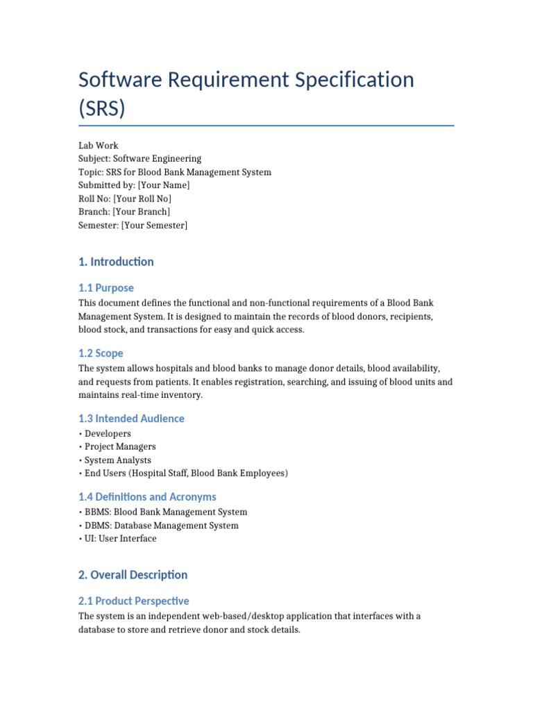 Blood Bank SRS With Diagrams | PDF | Databases | Graphical User Interfaces