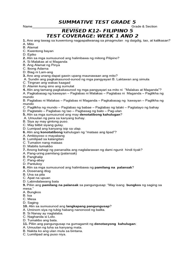 Revised Summative - Filipino 5 | PDF
