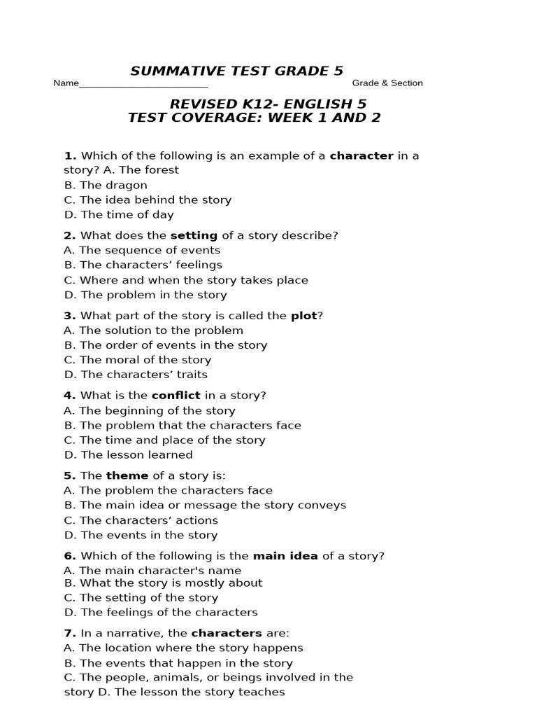 Grade 5 English Summative Test | PDF | Bears | Plot (Narrative)