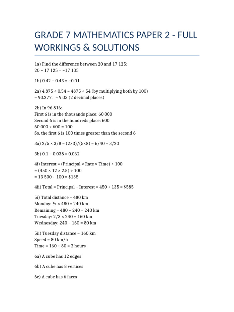 Grade 7 Maths Paper 2 Full Solutions | PDF