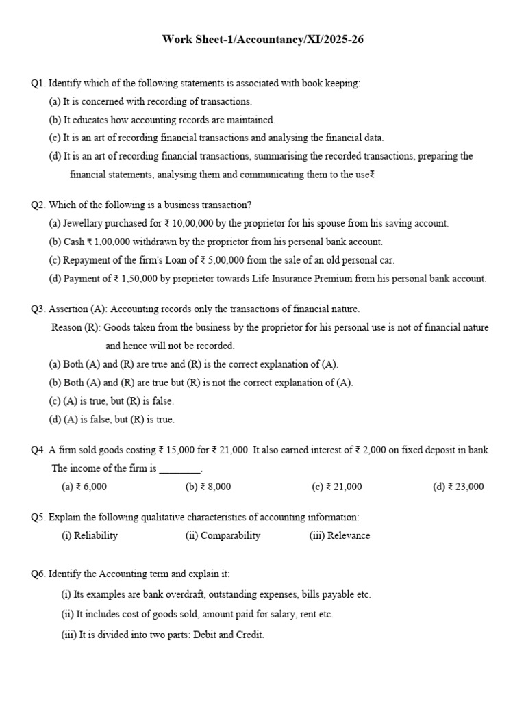 Accountancy Worksheet for XI 2025-26 | PDF | Expense | Financial Accounting