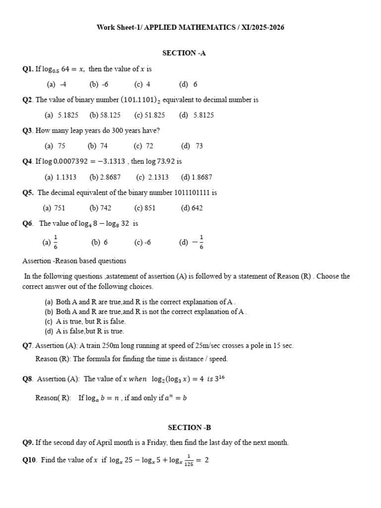 Applied Mathematics Worksheet XI 2025-2026 | PDF | Mathematics | Arithmetic