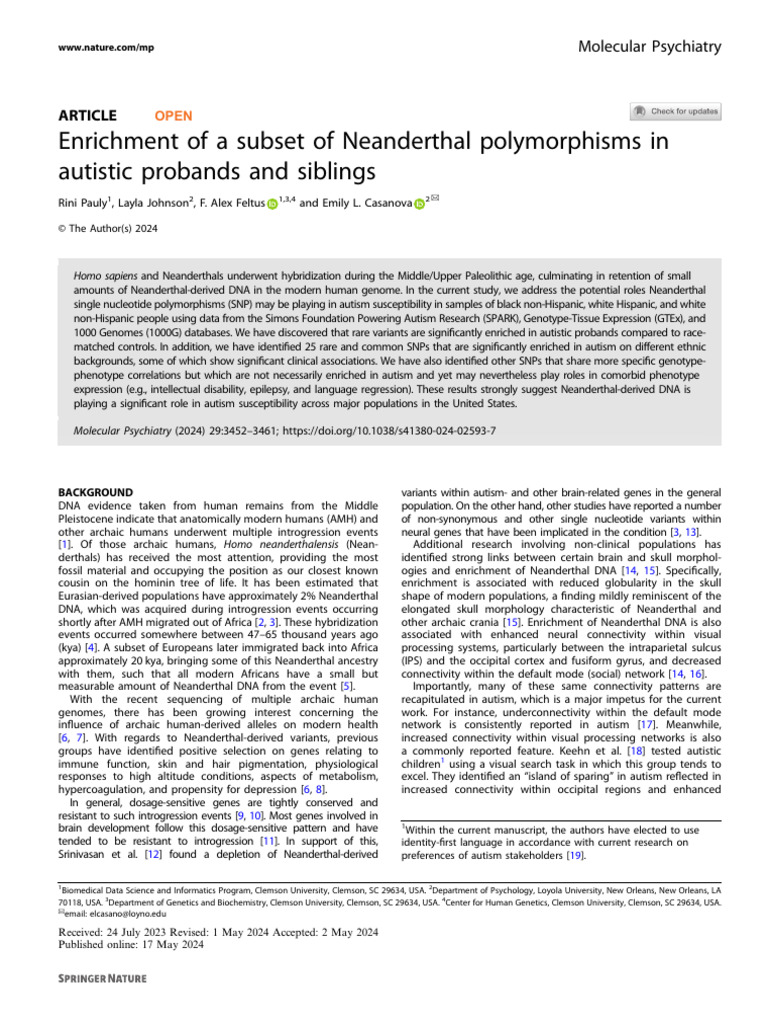 Enrichment of A Subset of Neanderthal Polymorphisms in Autistic ...