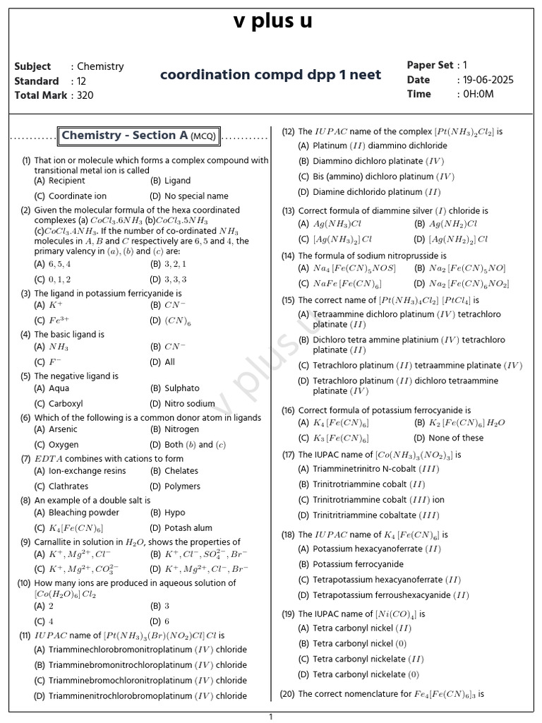 Coordination Compd DPP 1 Neet 1750341868 | PDF | Coordination Complex | Cyanide