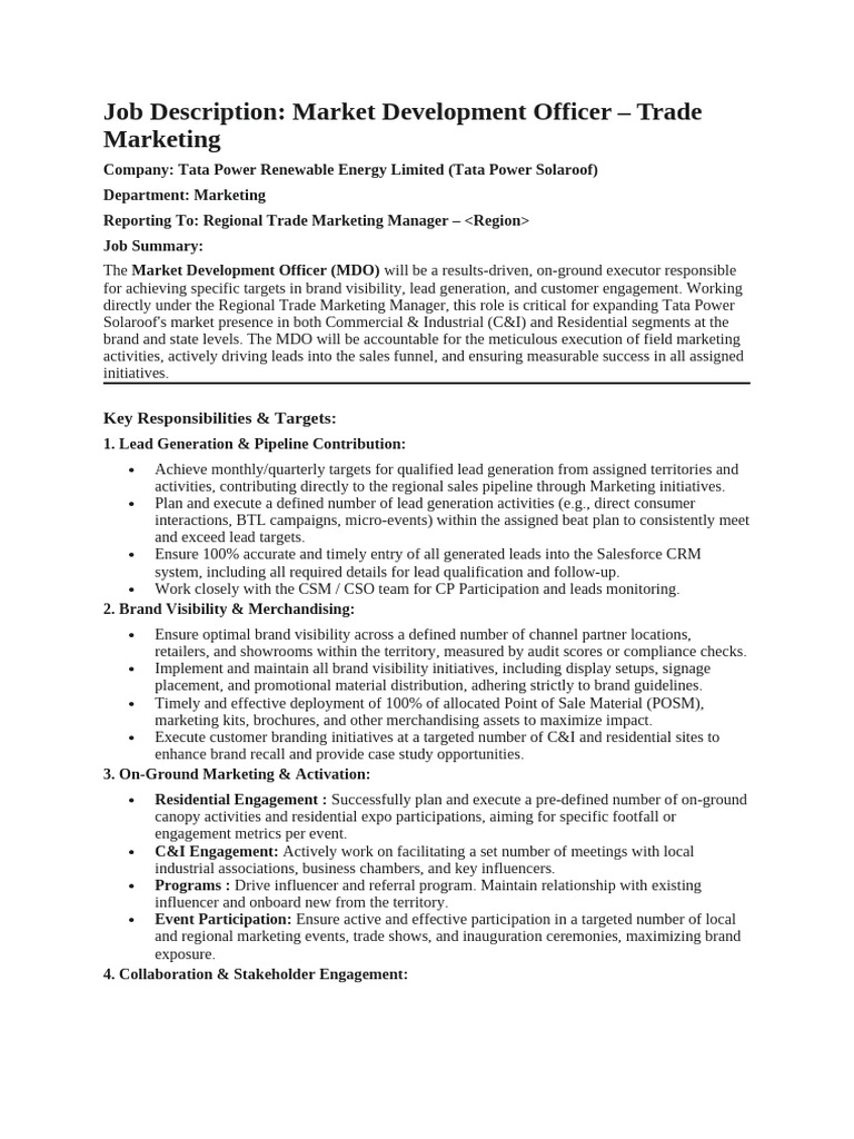 Market Development Officer Role Overview | PDF | Marketing | Brand