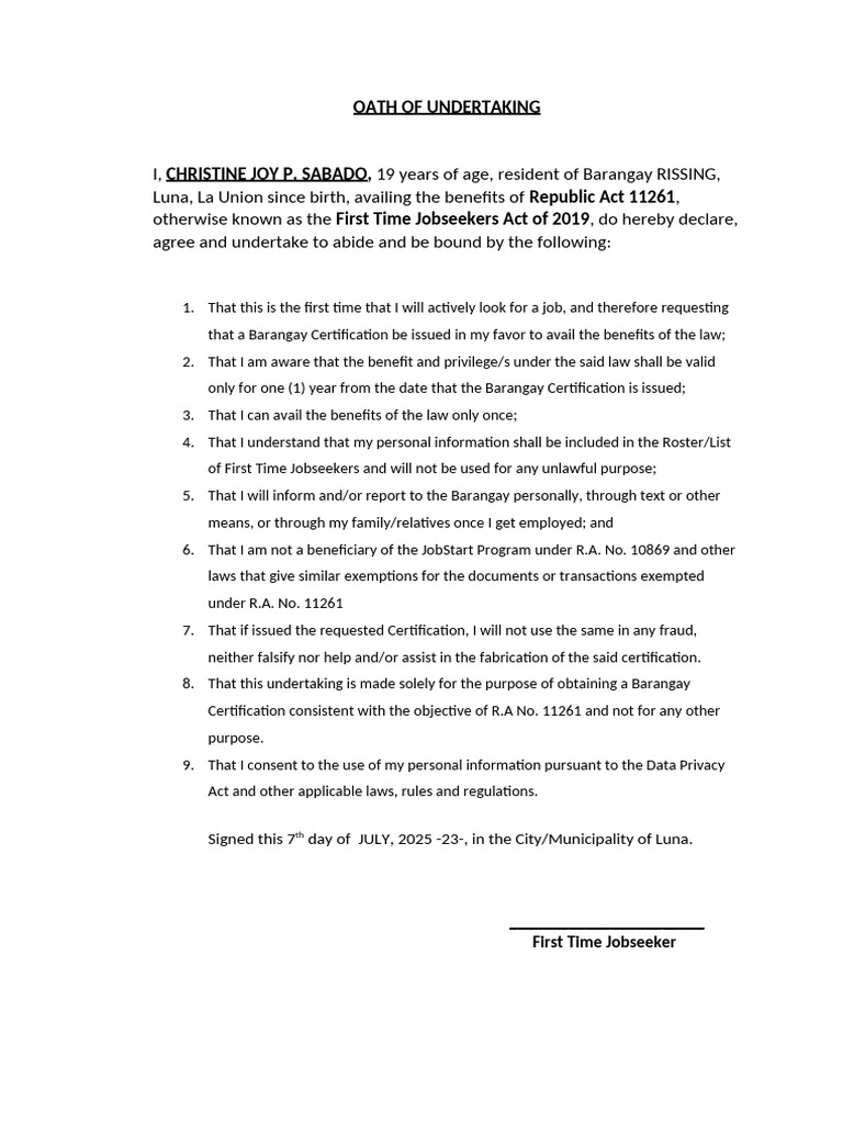 Oath of Undertaking for First Jobseekers | PDF