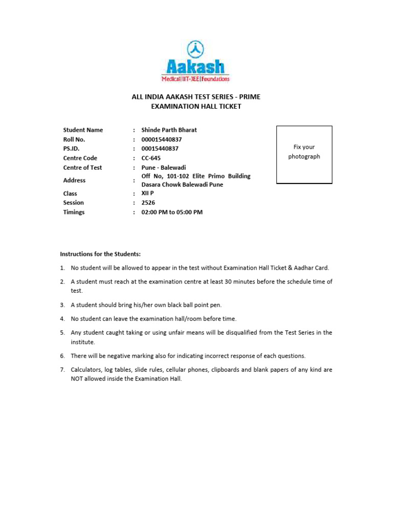 All India Aakash Test Series - Prime Examination Hall Ticket | PDF
