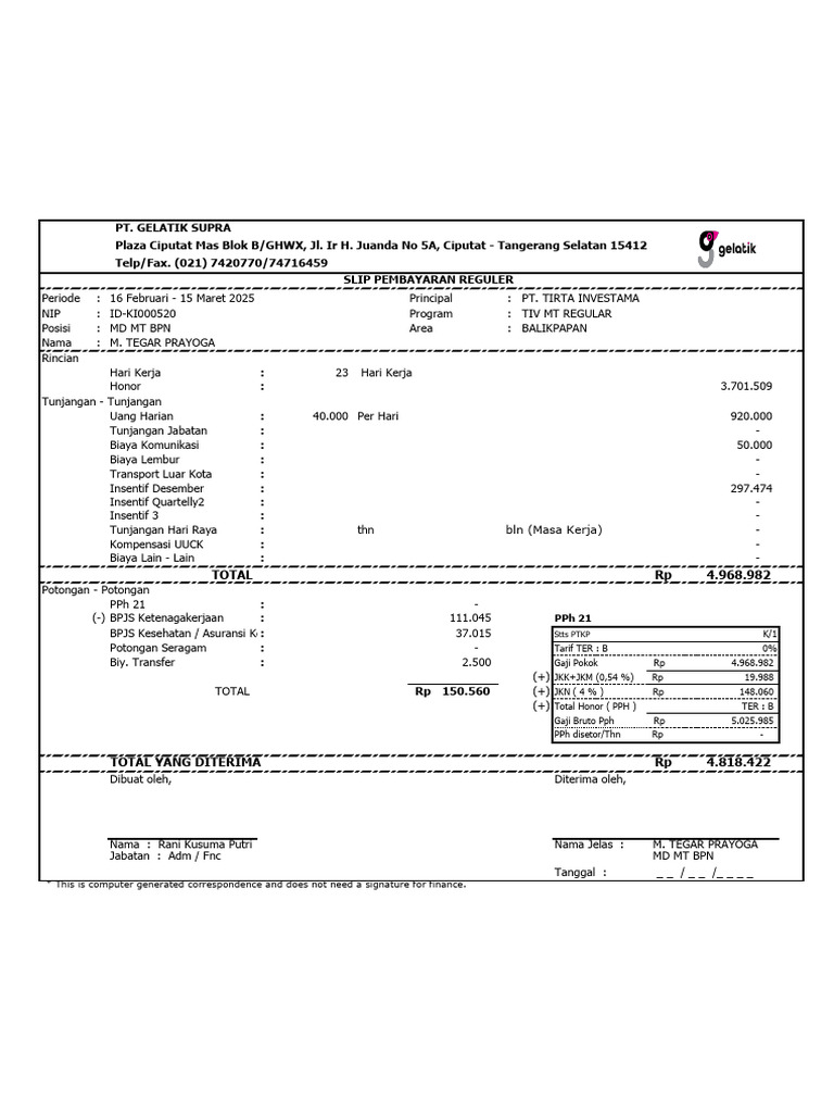 SLP - Tiv MT Regular - 16 Februari - 15 Maret 2025 - Id-Ki000520 - M. Tegar Prayoga | PDF