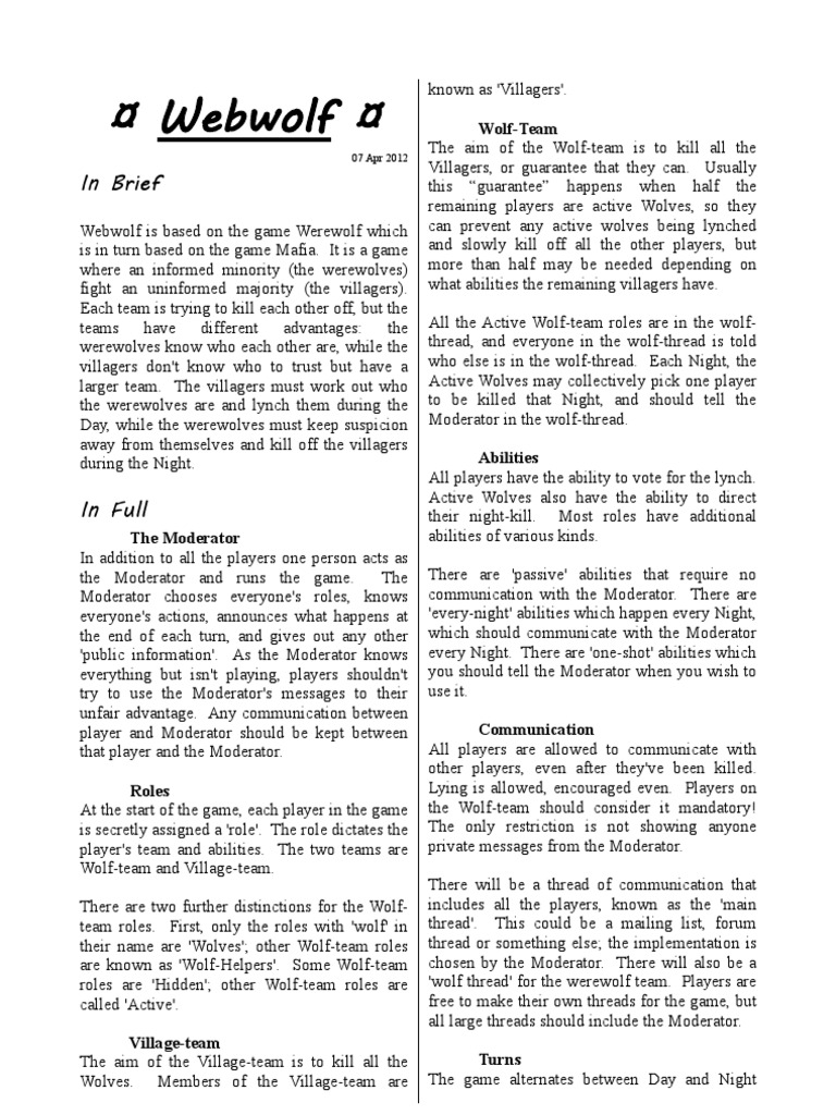 Werewolf Rules | PDF | Internet Forum | Werewolves