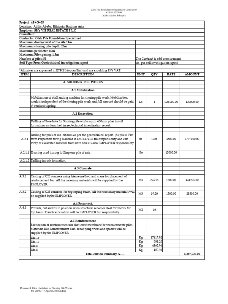 Shoring Pile Works Price Quotation | PDF | Deep Foundation | Concrete