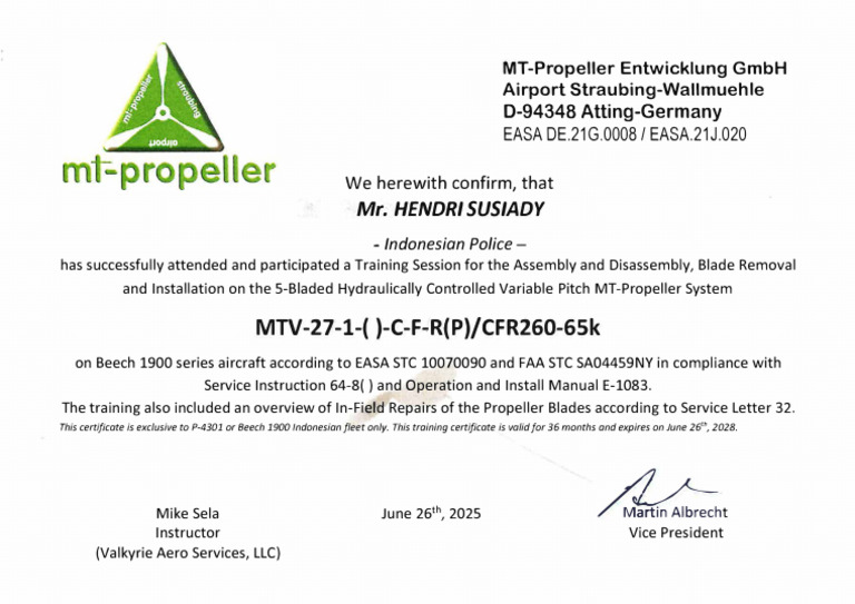 MT-Propeller Training Certificate for Beech 1900 | PDF