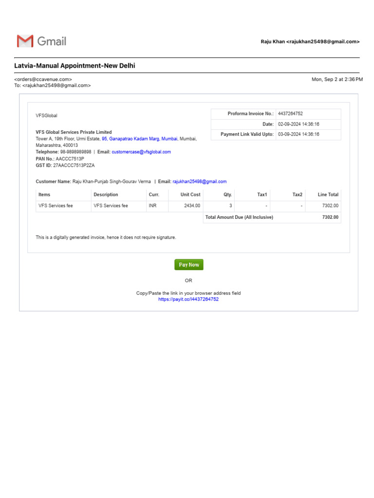 VFS Global Appointment Invoice Details | PDF