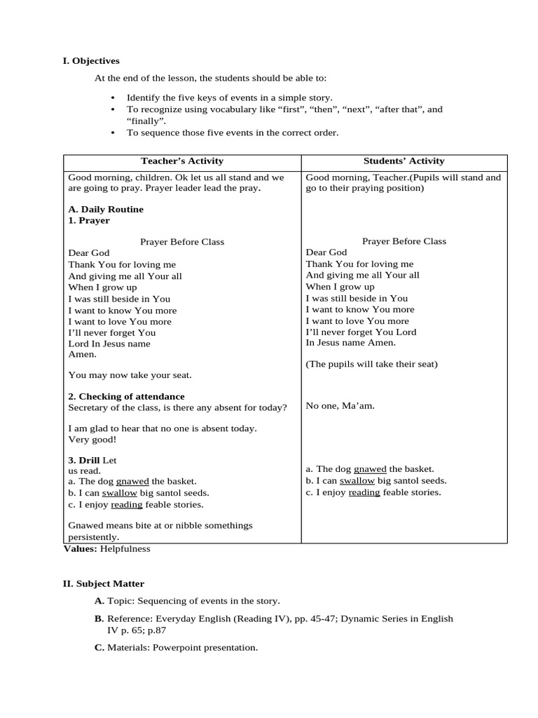 Lesson Plan in Sequencing | PDF | Prayer
