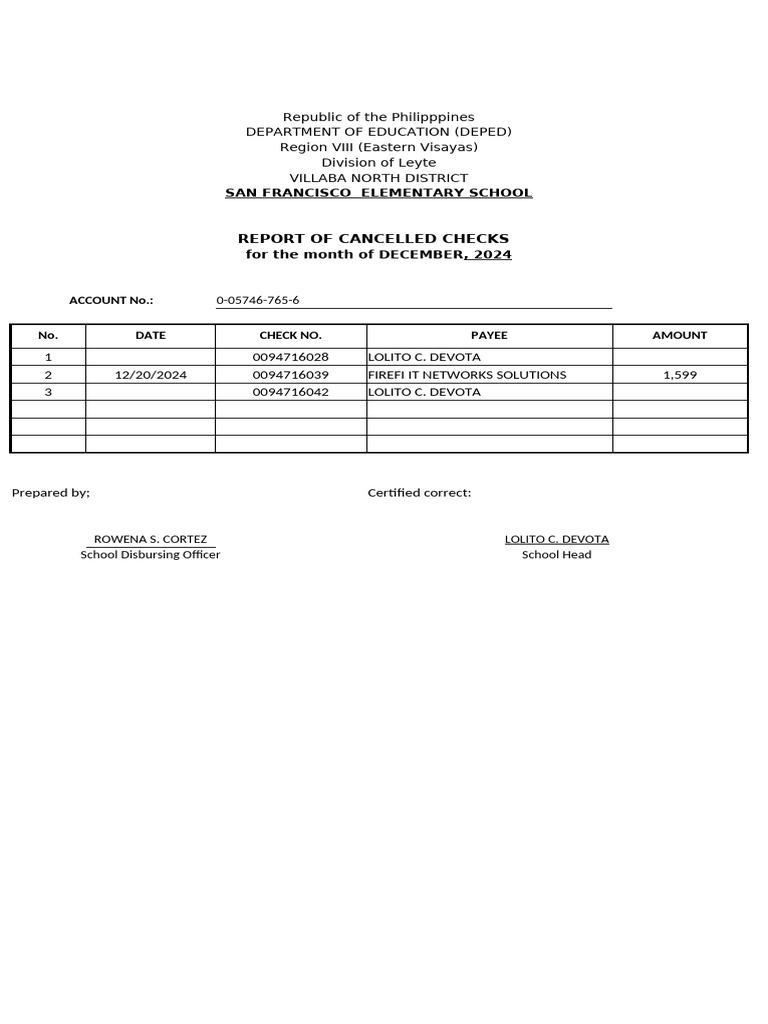 Report of Cancelled Checks | PDF