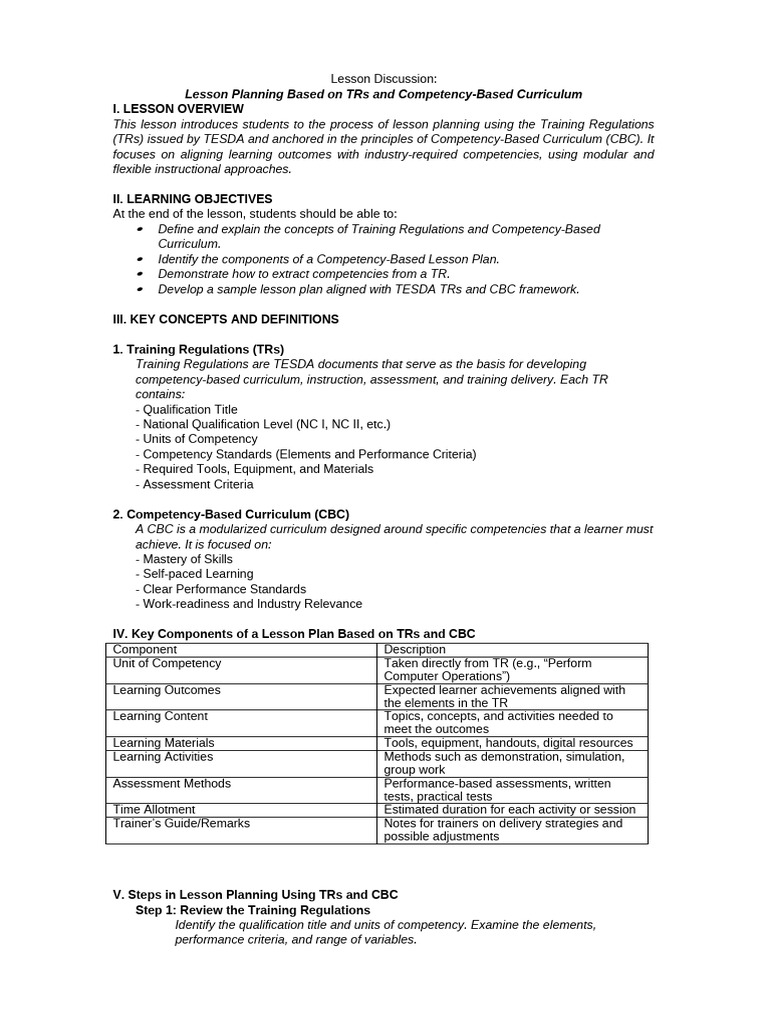 Lesson Planning with TRs and CBC | PDF | Educational Assessment ...