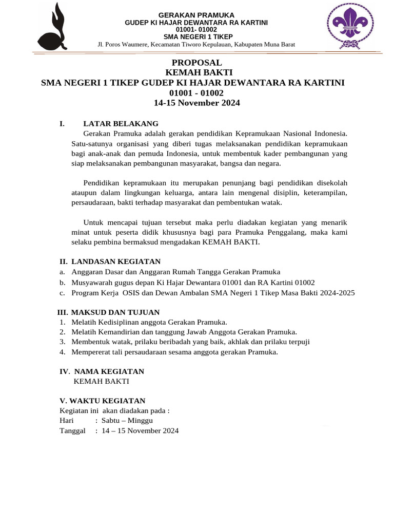 Proposal Kemah Bakti Pramuka Tikep 2024 | PDF
