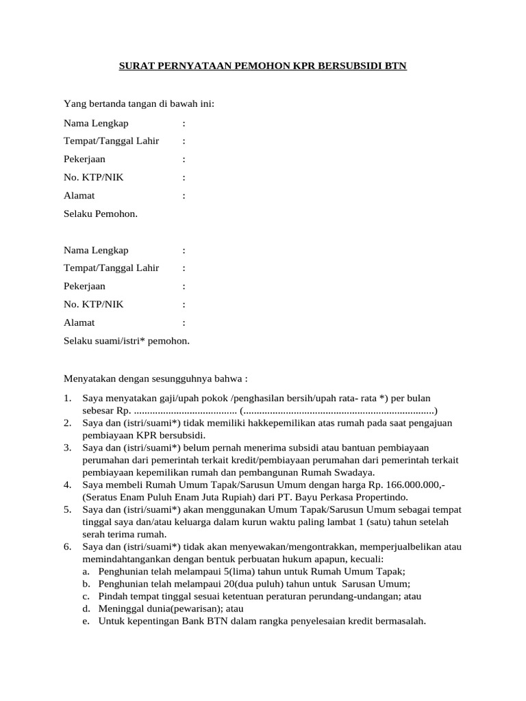 Surat Pernyataan Pemohon KPR Bersubsidi BTN | PDF