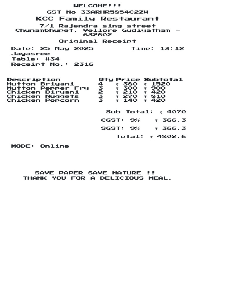 KCC Restaurant Cash Receipt | PDF