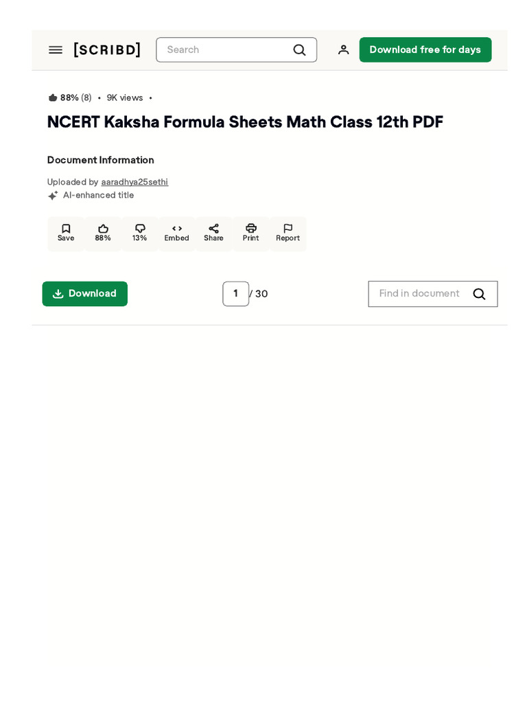 NCERT Kaksha Formula Sheets Math Class 12th PDF: Download Free For Days | PDF