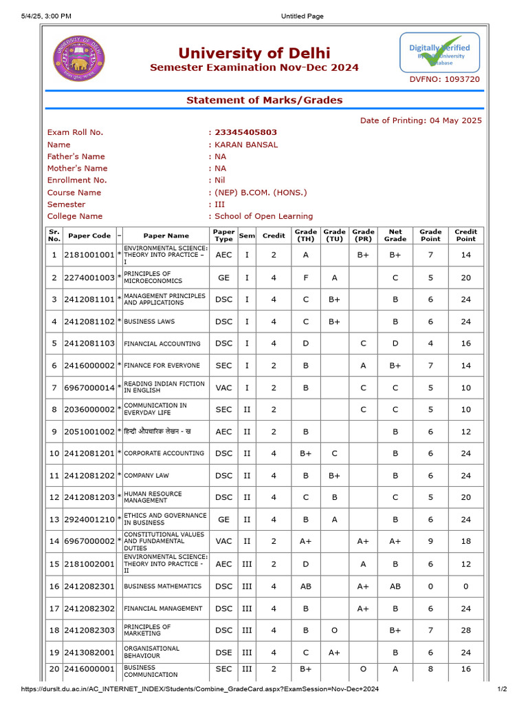 Sol Result 3rd Semester | PDF