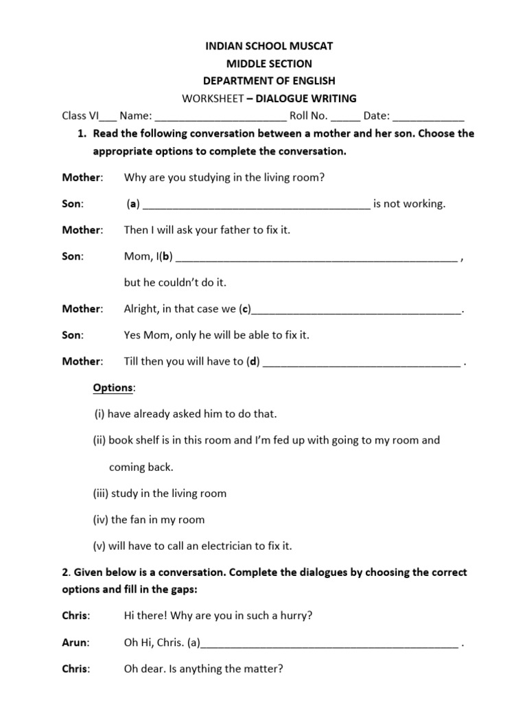 Dialogue Writing Worksheet for Class 6 | PDF