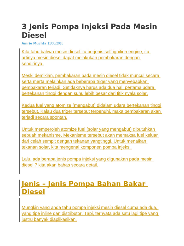 3 Tipe Pompa Injeksi Mesin Diesel | PDF
