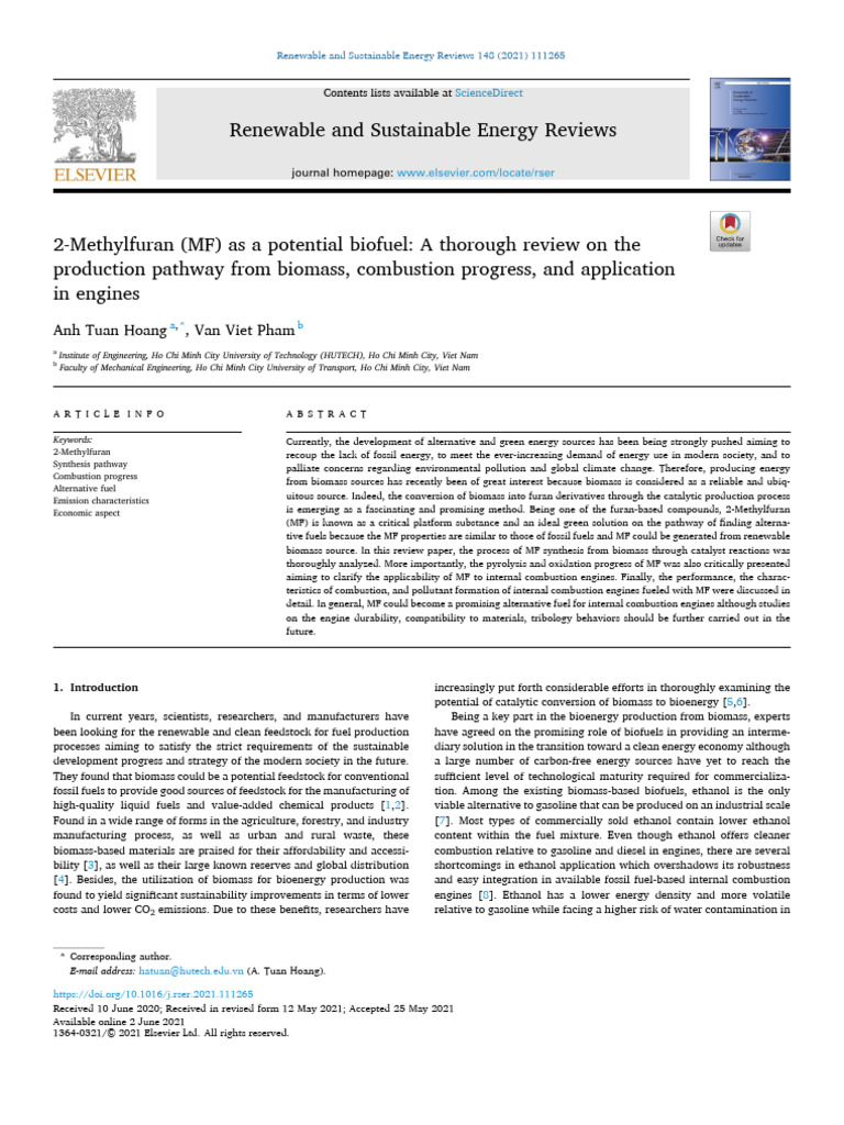 2-Methylfuran (MF) As A Potential Biofuel - A Thorough Review On The Production Pathway From ...