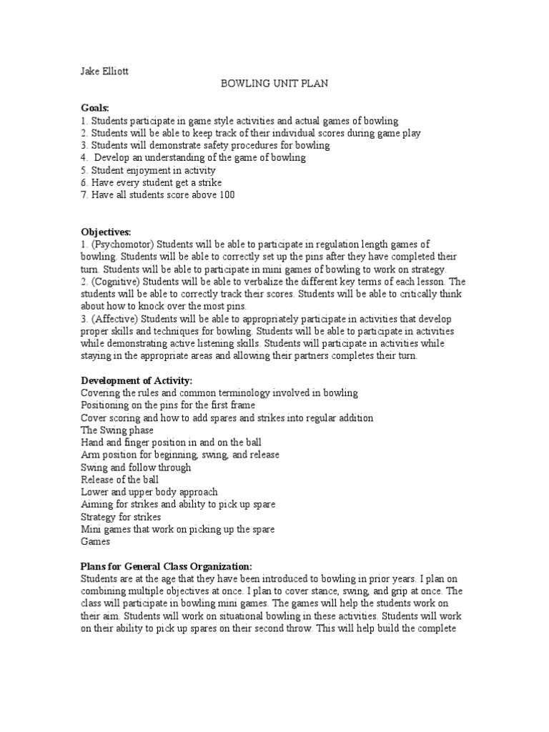 Bowling Unit Lesson Plan Overview | PDF | Cognition | Learning