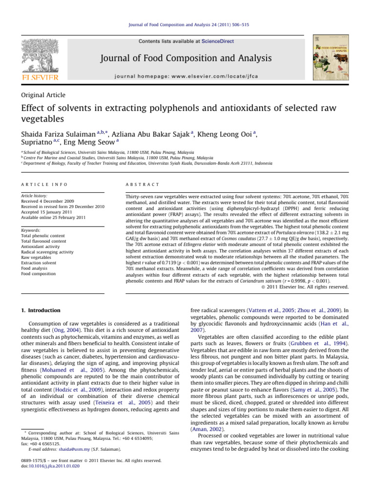 70% Acetone - Effect of Solvents in Extracting Polyphenols and ...