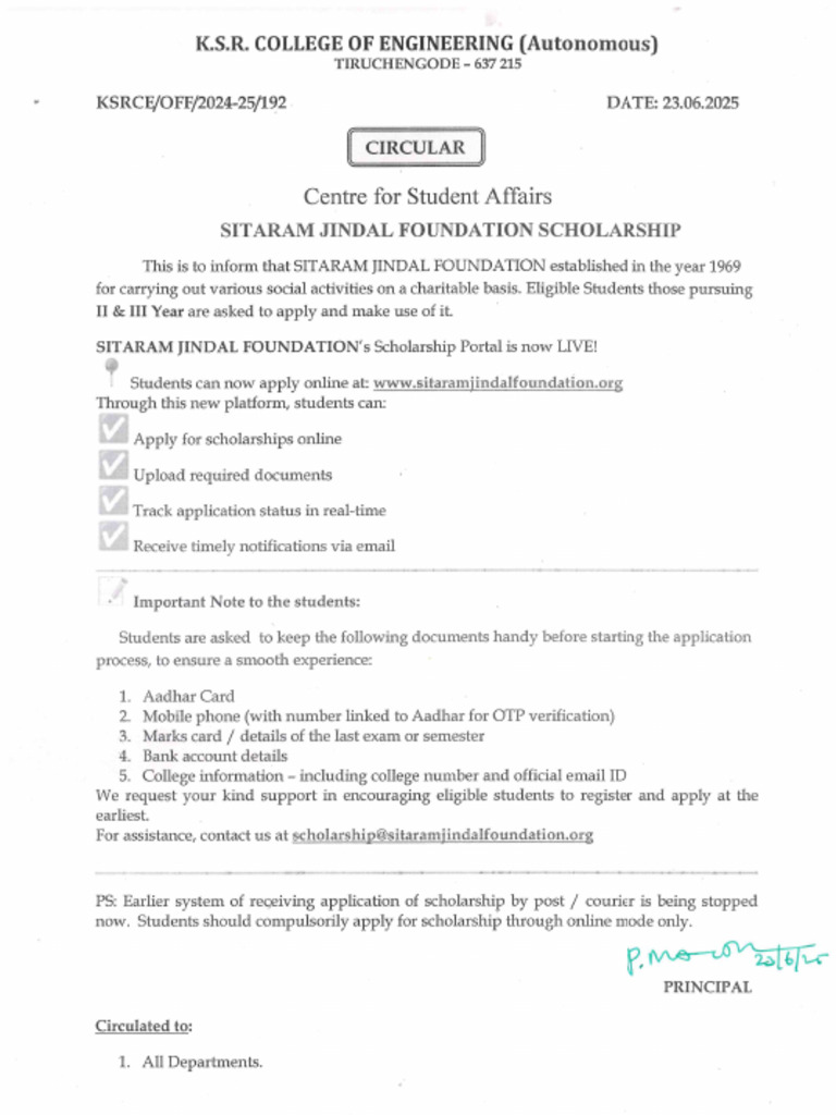 520, Sitaram Jindal Foundation Scholarship - Reg. | PDF