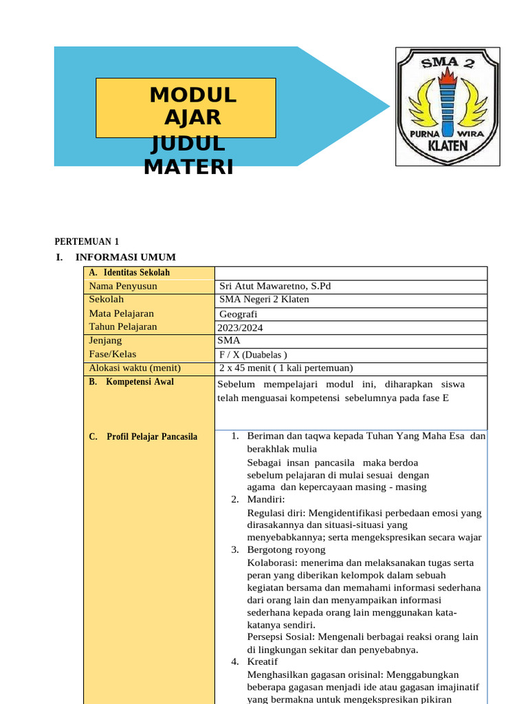 Modul Ajar Geo 12.4 Pola Keruangan Kota | PDF