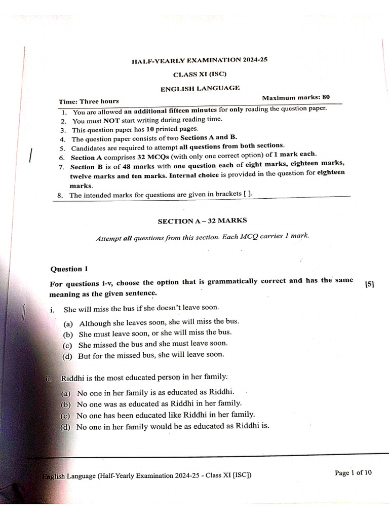 Isc Class Xi Half Yearly Exam Papers 2024 - 25 | PDF