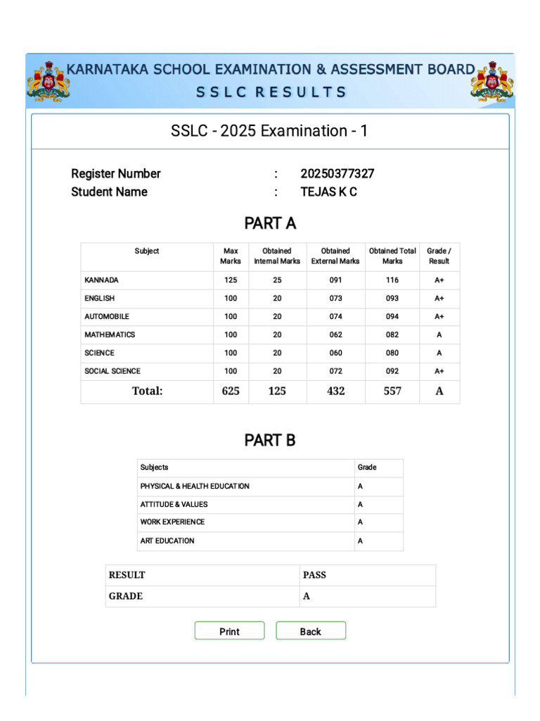 SSLC Result 2025 - Tejas K C | PDF