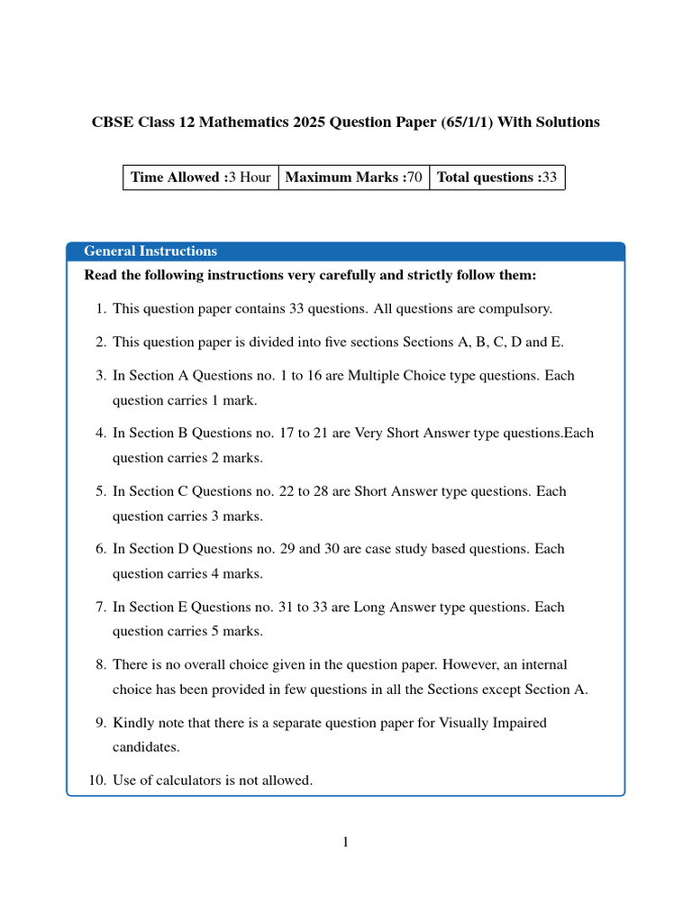 Cbse Class 12 Mathematics Set 65 1 1 2025 | PDF | Trigonometric ...