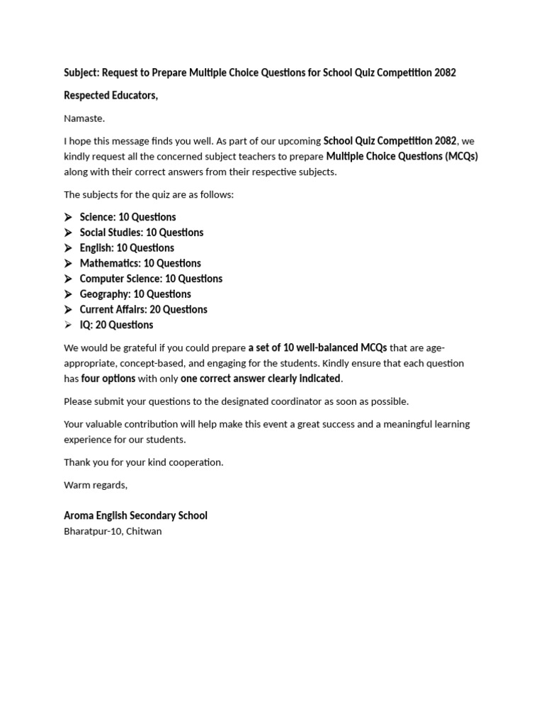 Notice for School Quiz Competition 2082 | PDF