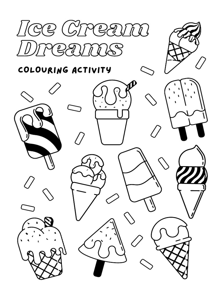 Black and White Lined Ice Cream Food Colouring Activity Worksheet | PDF