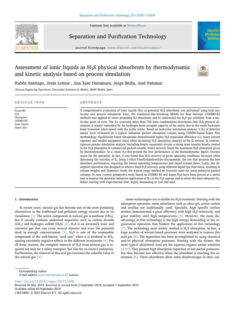 Assessment of Ionic Liquids As H2S Physical Absorbents by Thermodynamic and Kinetic Analysis ...